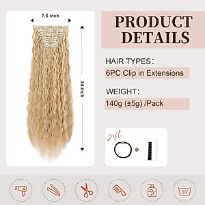 YOGFIT Clip in Long Wavy Synthetic Hair Extension 24 Inch 6PCS Balayage Blonde with Light Blonde Tips Thick Hairpieces Natural Soft Synthetic Fiber Double Weft for Women