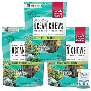 Pet Faves (3 Pack of 6oz) The Honest Kitchen Wolffish Ocean Chews Grain Free Dog Chew Treats – Natural Human Grade Dehydrated Fish Skins (6 oz Each) with 10ct Wipes