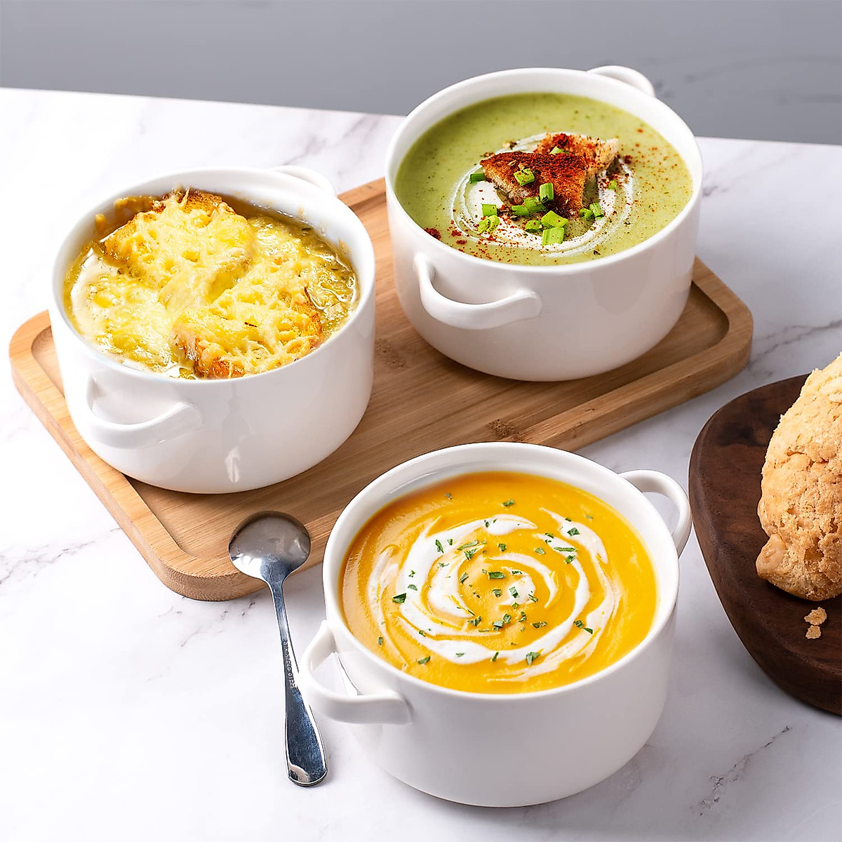 DELLING Set of 6 Soup Bowls with Handles, 24 Oz Large Serving Soup Bowl Set 10 inch White Dinner Plates Set, Porcelain Dessert