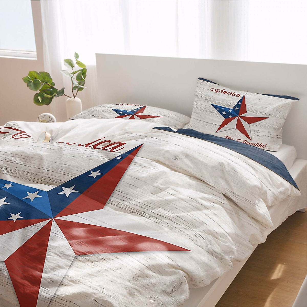 3 Pieces Duvet Cover Bedding Set Queen 4th of July Independence Day Patriotic Star Breathable Ultra Soft Comforter Cover with Zipper and Pillowcases Luxury Quilt Covers for Bedroom Vintage Wood Board