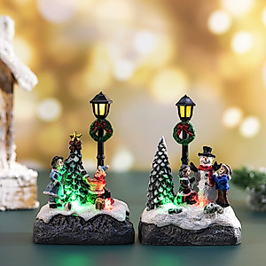 Mudder 2 Pieces Christmas Village Houses Decorations Led Light up Christmas Tree Christmas Snowman Light Christmas Decorations Figurines Buildings Landscape Lamppost Dector