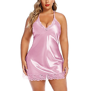 Avidlove Plus Size Lingerie for Women Satin Lace Chemise 2 Piece Nightgown Bodysuit (Pink, XL)