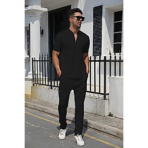 FZNHQL Men's Fashion Tracksuits 2 Piece Outfits Casual Polo Suit Athletic Running Jogging Track Suits for Men Workout Set Black XL