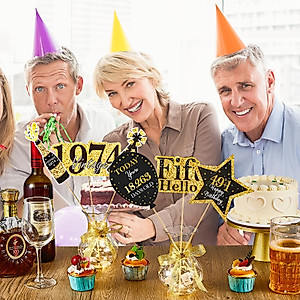 Yeaqee 31 Pcs Sets 50th 60th 70th Birthday Party Decorations Birthday Table Centerpiece Black and Gold Centerpieces for Tables Birthday Sticks Table Toppers with LED Lights Plastic Jar Ribbon(50th)