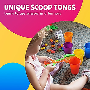 Skoolzy Rainbow Stacking Bears with Matching Sorting Cups 69 Piece Set, 60 Bear counters, Scissor Tongs, Rainbow Cups, Storage Bag, Sorting dice Game