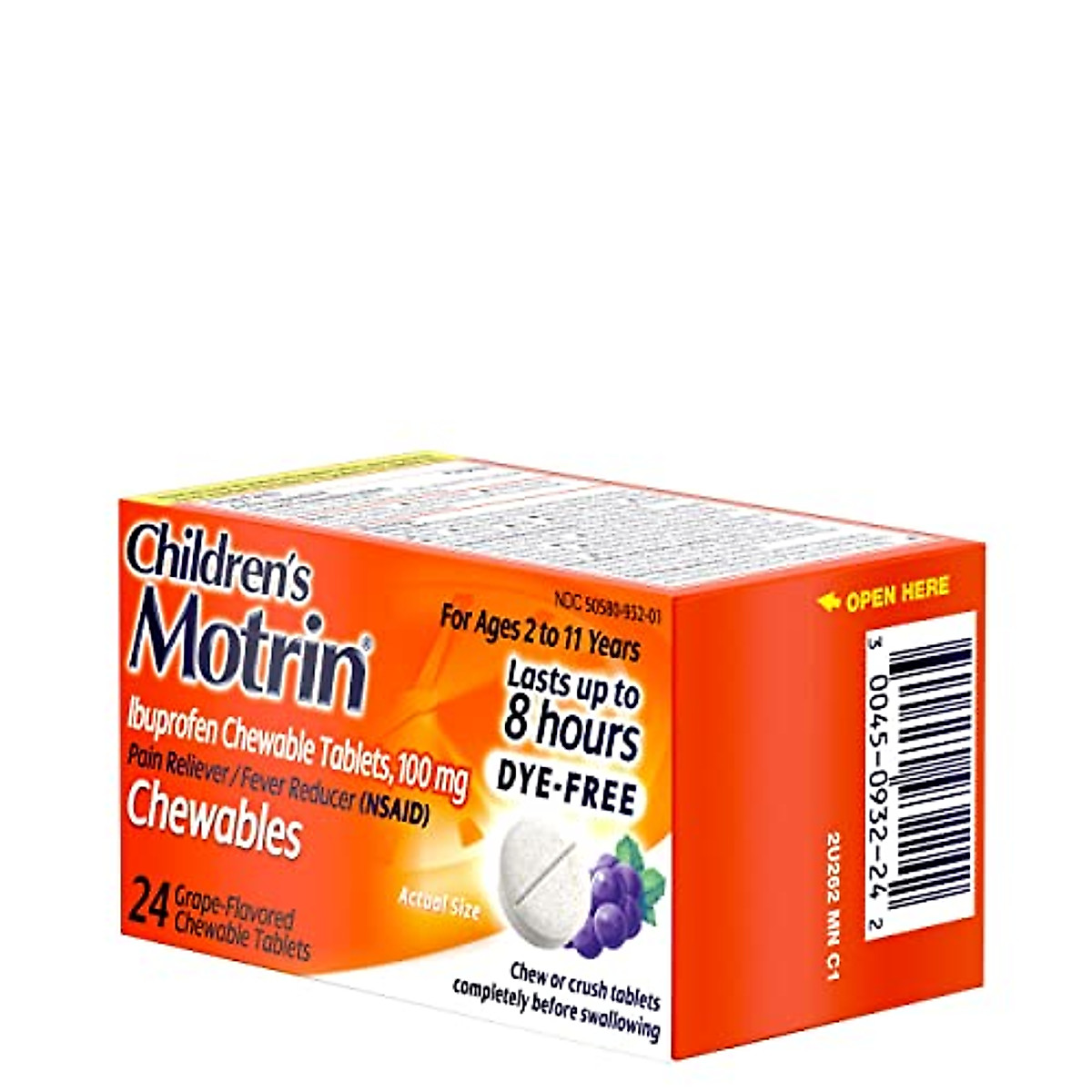 Motrin Children's Dye-Free Ibuprofen Chewable Tablets for Pain & Fever, Grape, 24 Count