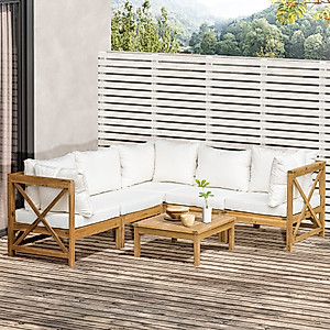 Outsunny 6 Piece Wood Patio Furniture Set, Outdoor Sectional Sofa with Cushions and Coffee Table, Acacia Wood Conversation Set Couch, Cream White