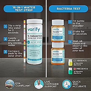 17 in 1 Premium Drinking Water Test Kit - 100 Strips + 2 Bacteria Tests - Home Water Quality Test - Well and Tap Water - Easy Testing for Lead, Bacteria, Hardness, Fluoride, pH, Iron, Copper and more!