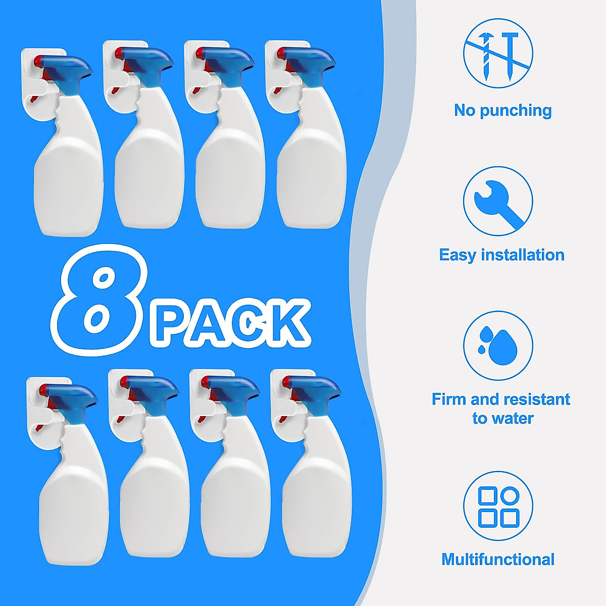 CBYJK Spray Bottle Holder Wall Mount, 8 Pack Adhesive Bottle Holder, Strongly Spray Bottle Organizer, Spray Bottle Hanger for Cabinet, Kitchen, Bathroom