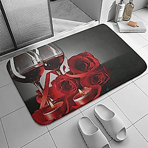 Coral Velvet Bath Rugs Non Slip Shower Mat for Bathroom Absorbent Kitchen Floor Carpet,1 PCS,Red Wine Glasses Red Rose Heart White 19.7x31.5 Inch