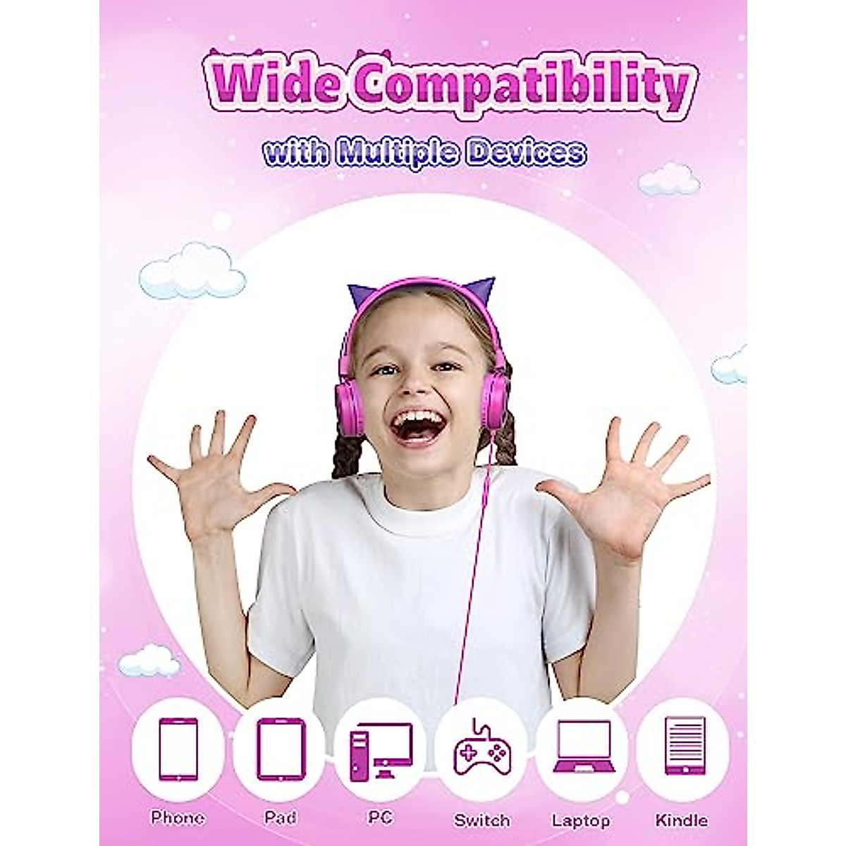 SIMJAR Cat Ear Kids Headphones with Microphone for School, Volume Limiter 85/94dB, Wired Girls Headphones with Foldable Design for Online Learning/Travel/Tablet/iPad (Purple)