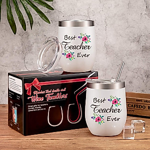Patelai 2 Pcs Teacher Appreciation Gifts Best Teacher Ever Wine Tumbler Appreciation Gift for Women Thank You Gift Graduation Birthday Present 12 oz Stainless Steel Tumbler with Lid and Straw (White)