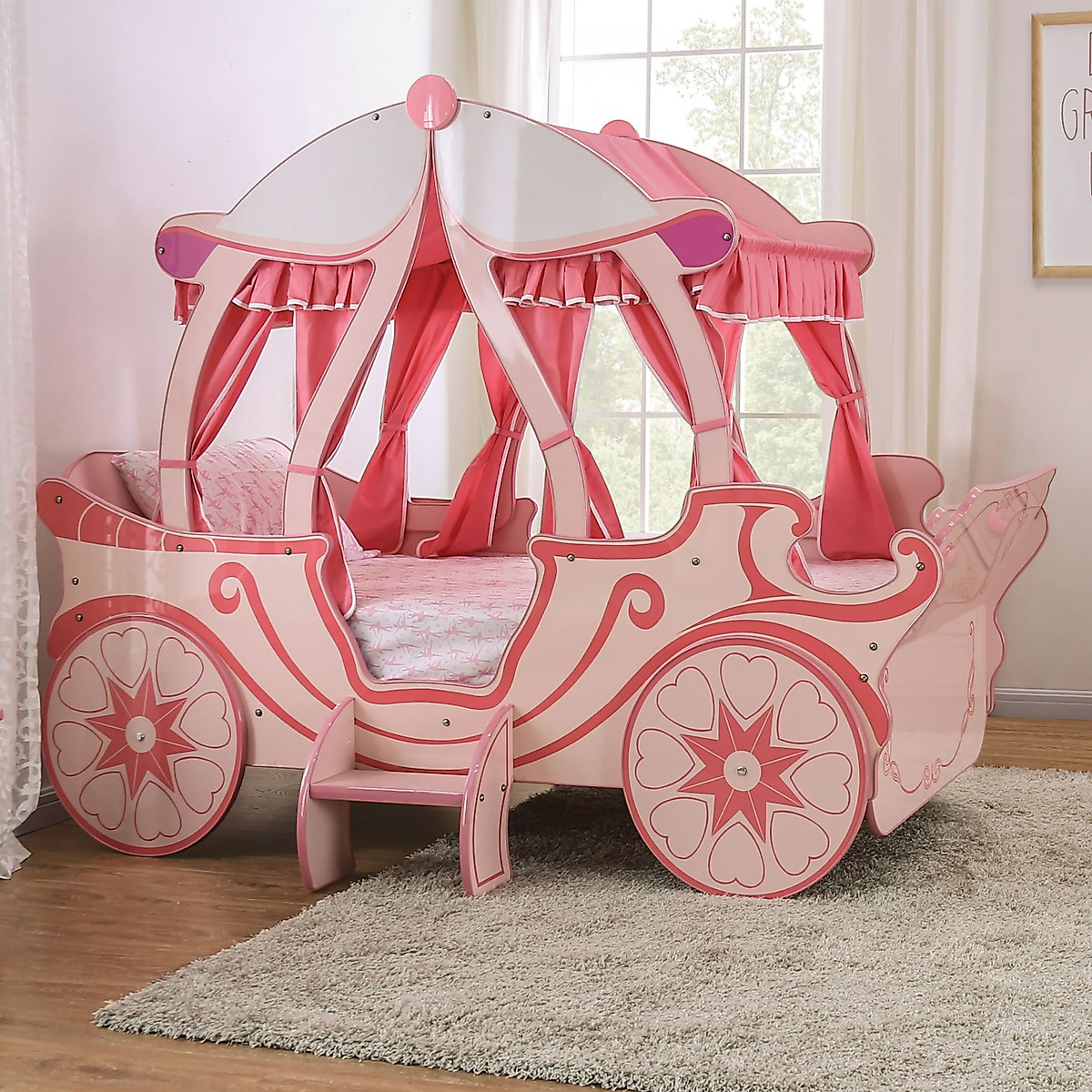 Furniture of America McHenry Twin-Size Kids Bed with Princess Carriage Design, Curtain and Slat Kit Included, Small Ladder, No Box Spring Required for Girls, Pink