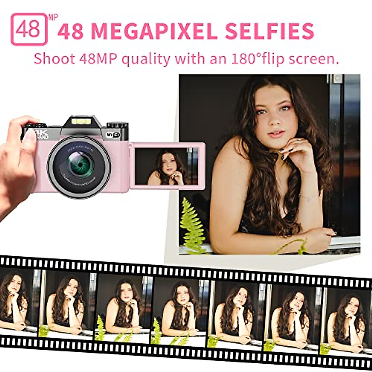 Digital Camera for Photography VJIANGER 4K 48MP Vlogging Camera for YouTube with WiFi, 16X Digital Zoom, 52mm Wide Angle & Macro Lens, 2 Batteries, 32GB TF Card(W02-Pink31)