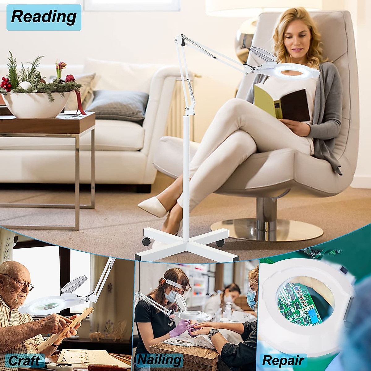 KIRKAS 5X Magniyfing Floor Lamp with 4 Wheel Rolling Base 2,200 Lumens Super Bright Glass Lens LED Magnifier, Adjustable Stand & Swivel Arm Floor Lamp for Estheticians, Reading, Crafts, Tasks- White