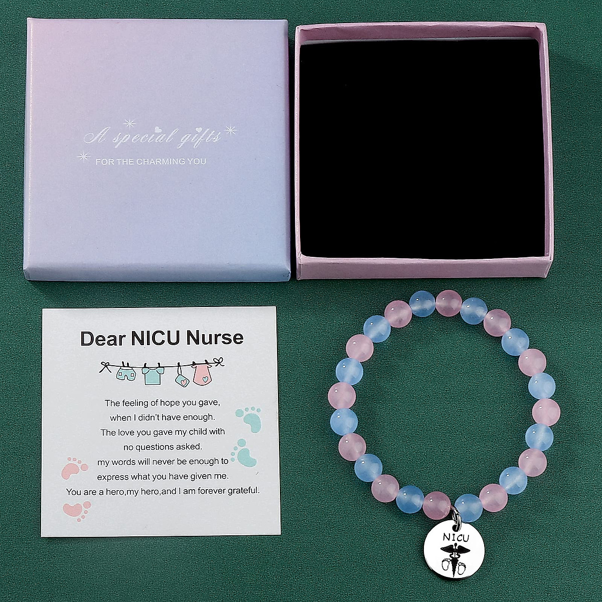 ARHTF NICU Nurse Appreciation Gifts NICU Nurse Bracelet Footprint Charm Thank You Nicu Nurse Gifts Neonatal Nurse Gifts,Neonatal Nurse NICU Nurse Gifts for Women (pink&blue)