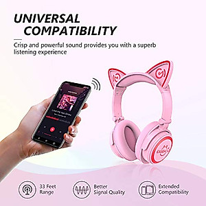 Mindkoo Cat Ear Bluetooth Headphones Pink, LED Light Up Over Ear Wireless Headphones with Microphone, Comfort Foldable Headset for Kids & Adults