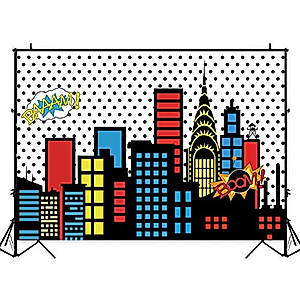 Art Studio 7x5ft Superhero Super City Photography Backdrops Skyline Buildings City Boom Photo Background Children Birthday Party Banner Photo Studio Booth Cake Table Decor Vinyl