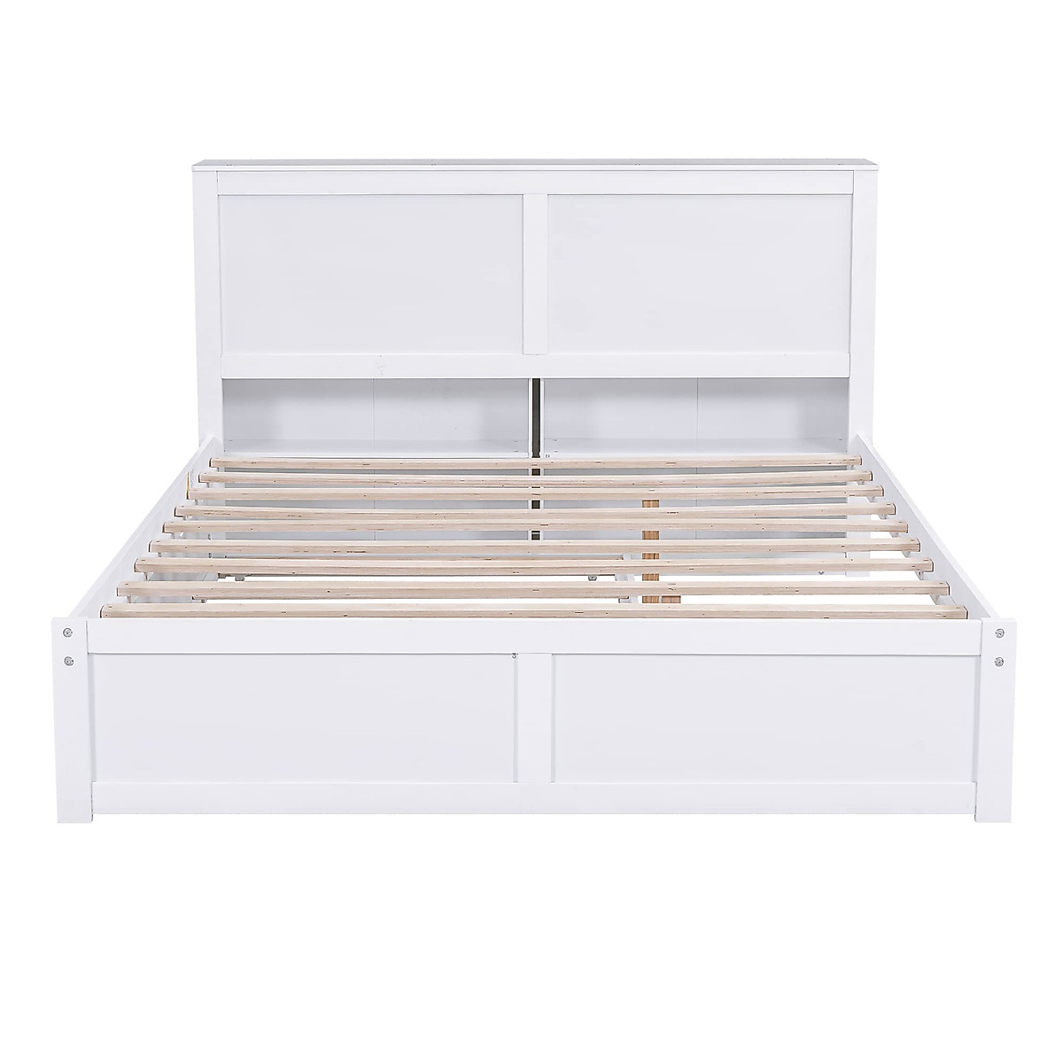 Lifeand Queen Size Storage Platform Wooden Bed with Pull Out Shelves and Twin XL Size Trundle, White