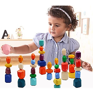 40 PCS Wooden Rocks Balance Stones Building Blocks Set, Colored Wood Balancing Stone Stacking Game, Lightweight Natural Educational Preschool learning Large Small Puzzle Toy for Kids (40PCS-2)