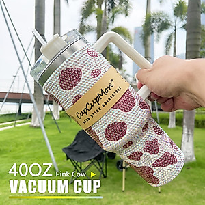 Cupcupmore 40oz Pink Cow Bling Rhinestone Stainless Steel Sippy Tumbler Glitter Vacuum Insulated Water Bottle with Straw & Lid & Handle,Thermos for Hot & Cold Drinks,Car Cup Holder,Coffee