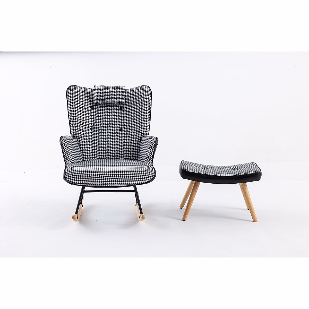 Lepfun Velvet 35.5 inch, Soft Houndstooth Leather Fabric Rocking Chair for Nursery,Comfy Wingback Glider Rocker with Safe Solid Wood Base for Living Room Bedroom and Balcony,Black