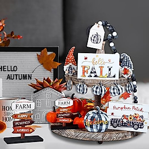 Soaoo 12 Pieces Fall Tiered Tray Decorations Set Wooden Hello Fall Pumpkin Gnome Truck Trays Signs for Autumn Holiday Thanksgiving Home Rustic Farmhouse Table Kitchen Decor (Black and White)
