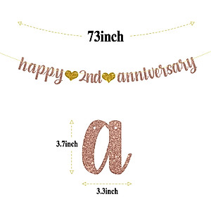 Rose Gold Glitter Happy 2nd Anniversary Banner, 2nd Wedding Anniversary Party Decorations Suppilies, Cheers to 2 Year Banner (2nd)