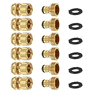 FINEST+ Garden Hose Quick Connector, Solid Brass 3/4 Inch Thread Fitting No-Leak Water Hose Female and Male Easy Connect (6 Sets)
