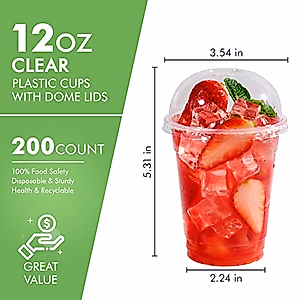 FOCUSLINE 200 PACK 12oz Clear Plastic Cups, Disposable Cold Drinking Cups, 12 Ounce Clear Cups with Dome Lids with Holes for Smoothie, Milkshake, Bubble Tea, Parfait
