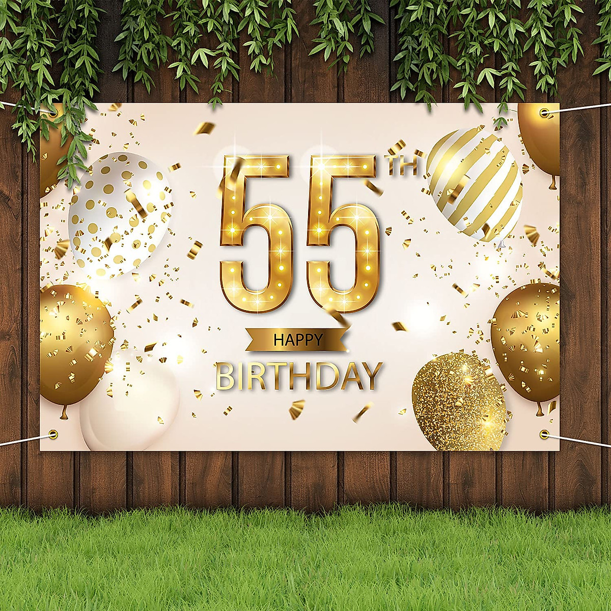 Happy 55th Birthday Backdrop Banner White Gold 55 Years Old Bday Background Decorations for Women Men Her Him Photography Party Supplies Glitter