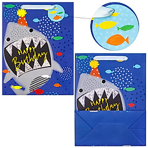 LeZakaa 13" Birthday Gift Bag, Medium Blue Gift Bag with Tissue Paper, Gift Tag and Card - Shark with Word Happy Birthday Design for Boy, Girl, Kids