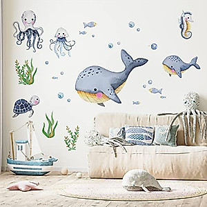 Mfault Under The Sea Whales Wall Decal Stickers, Ocean Hippocampus Octopus Turtle Fish Nursery Decoration Bedroom Bathroom Art, Neutral Marine Animal Toddler Kids Baby Boys Girls Room Decor Gift