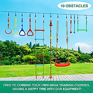 Kawuneeche Ninja Warrior Obstacle Course Kit for Kids Ninja Slackline with 10 Accessories Monkey Bars, Ladder, Climbing Rope, Gym Rings, Swing, Monkey Fist for Backyard Training Equipment
