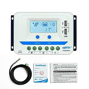 EPever Solar Charge Controller 30A 12V 24V 36V 48V Auto Work Max PV 96V Solar Panel PWM Charge Controller Regulator with LCD Display 2PCs USB Output for Off-Grid Solar System (30A , VS3048AU)
