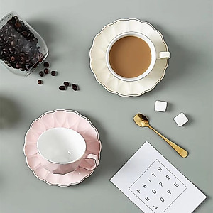 fanquare 3 Piece Porcelain Cup and Saucer Set with Spoon, Vintage Pink Coffee Cup for Latte, Mocha, 7 Ounce