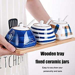 DGVR Porcelain Condiment Jar Spice Container with set of 3 Ceramic Condiment Pot Seasoning Box with Ceramic Serving Spoon and Lid - Bamboo Tray Porcelain Sugar Bowl for Home Kitchen 300ml (10.6oz) 1