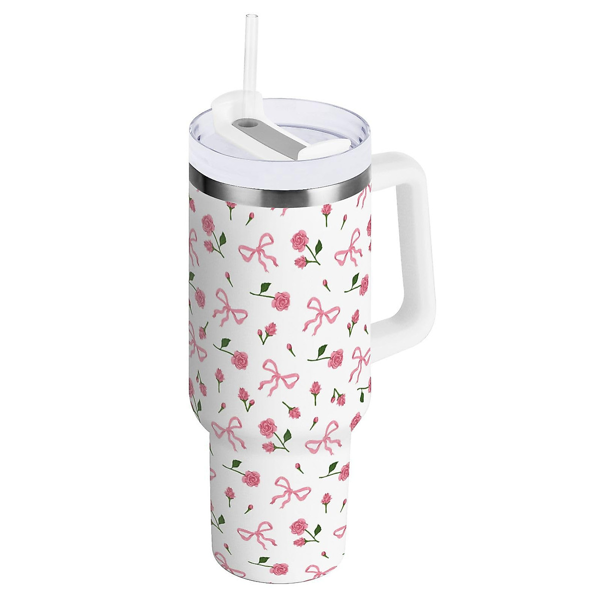 Tumbler with Handle and Straw Lid,Pink Bows Roses 40 oz Insulated Coffee Cup Stainless Steel Water Bottle Travel Mug Cupholder Friendly,Gifts for Women Men