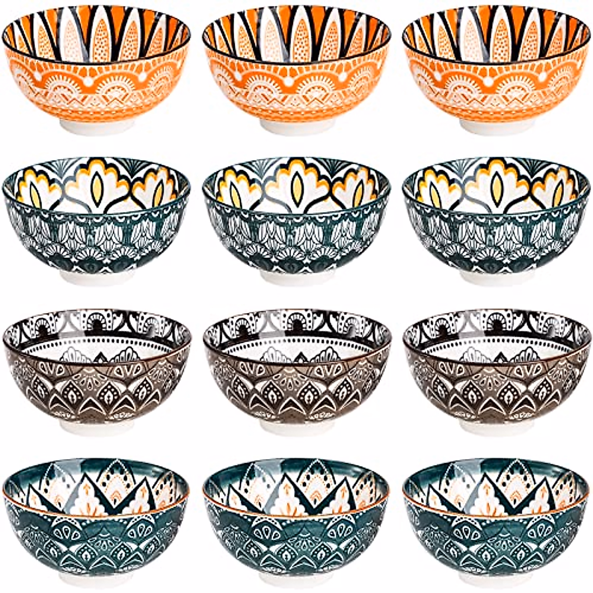Foraineam 12 Pack Porcelain Bowls, 10 Ounces Small Bowl Set, Colorful Floral Round Bowl for Soup, Ice Cream, Snacks, Rice, Salad, Fruits, Side Dishes, Dishwasher and Microwave Safe
