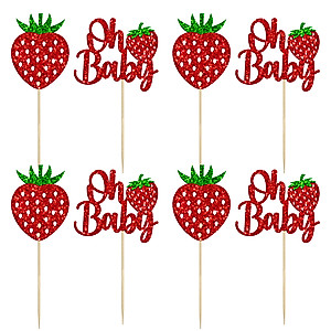 24 Pack Sweet Oh Baby Cupcake Toppers Glitter Oh Baby Strawberry Cupcake Picks Fruit Berry Cupcake Decorations for Summer Strawberry Baby Shower Kids Birthday Party Supplies Red