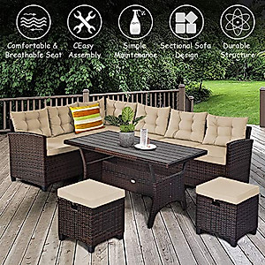 Tangkula 5 PCS Patio Furniture Set, Outdoor Conversation Set with 6 Cushioned Seat 2 Ottomans & Coffee Table, All Weather Wicker Dining Table Set with Ottoman, Rattan Sectional Couch Sofa Set