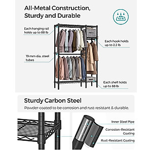 SONGMICS Garment Rack Heavy Duty Clothes Rack, Freestanding Portable Wardrobe Closet for Hanging Clothes with 1 Storage Box, 8 Hooks, Adjustable Wire Shelves, 3 Hanging Rods, Black ULGR421B01