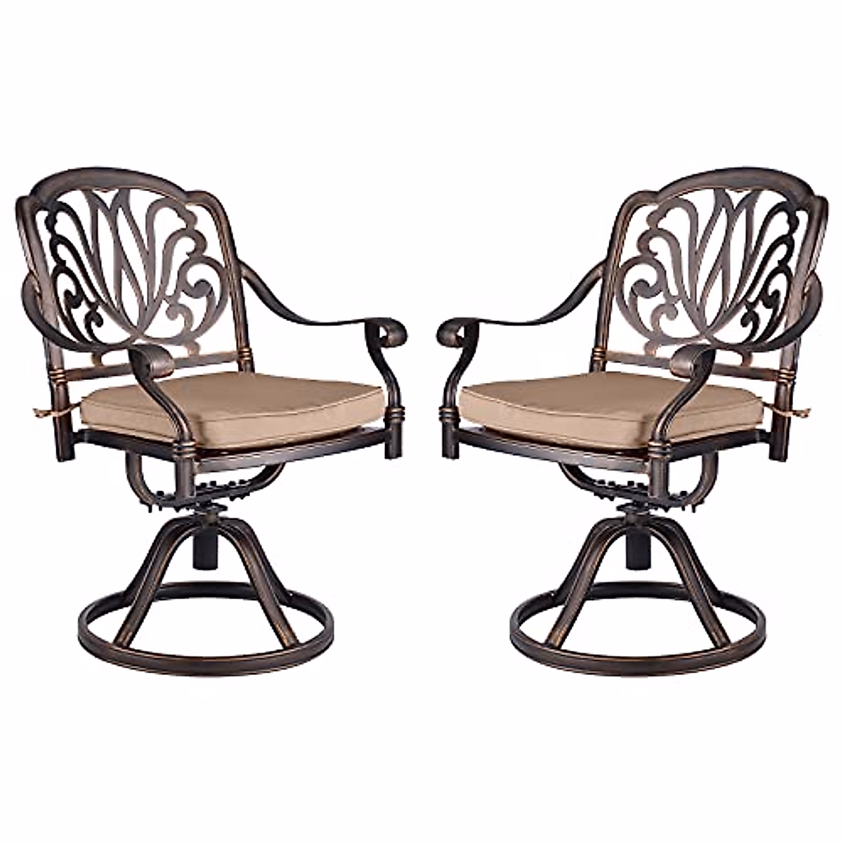 TITIMO 2 Piece Outdoor Bistro Dining Chair Set Cast Aluminum Dining Chairs for Patio Furniture Garden Deck Antique Bronze (Swivel Rocker Chairs with Khaki Cushions)