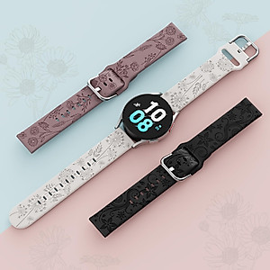 Flower Engraved Bands Compatible with Samsung Galaxy Watch 7/ FE/ 6/5/ 4/ Active 2 40mm 44mm/ 5 Pro 45mm/ Watch 6/4 Classic 43mm 47mm 42mm 46mm, 3 Pack 20mm Soft Silicone Replacement Watch Band BPS