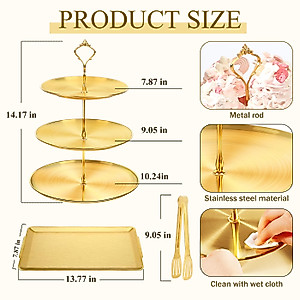 6PCS Gold Cupcake Stand Set, Stainless Steel Dessert Table Display Set, 2PCS 3-Tier Cake Stand, 2PCS Rectangle Serving Tray with Gold Serving Tongs, Candy Cupcake Tower for Wedding Birthday Party