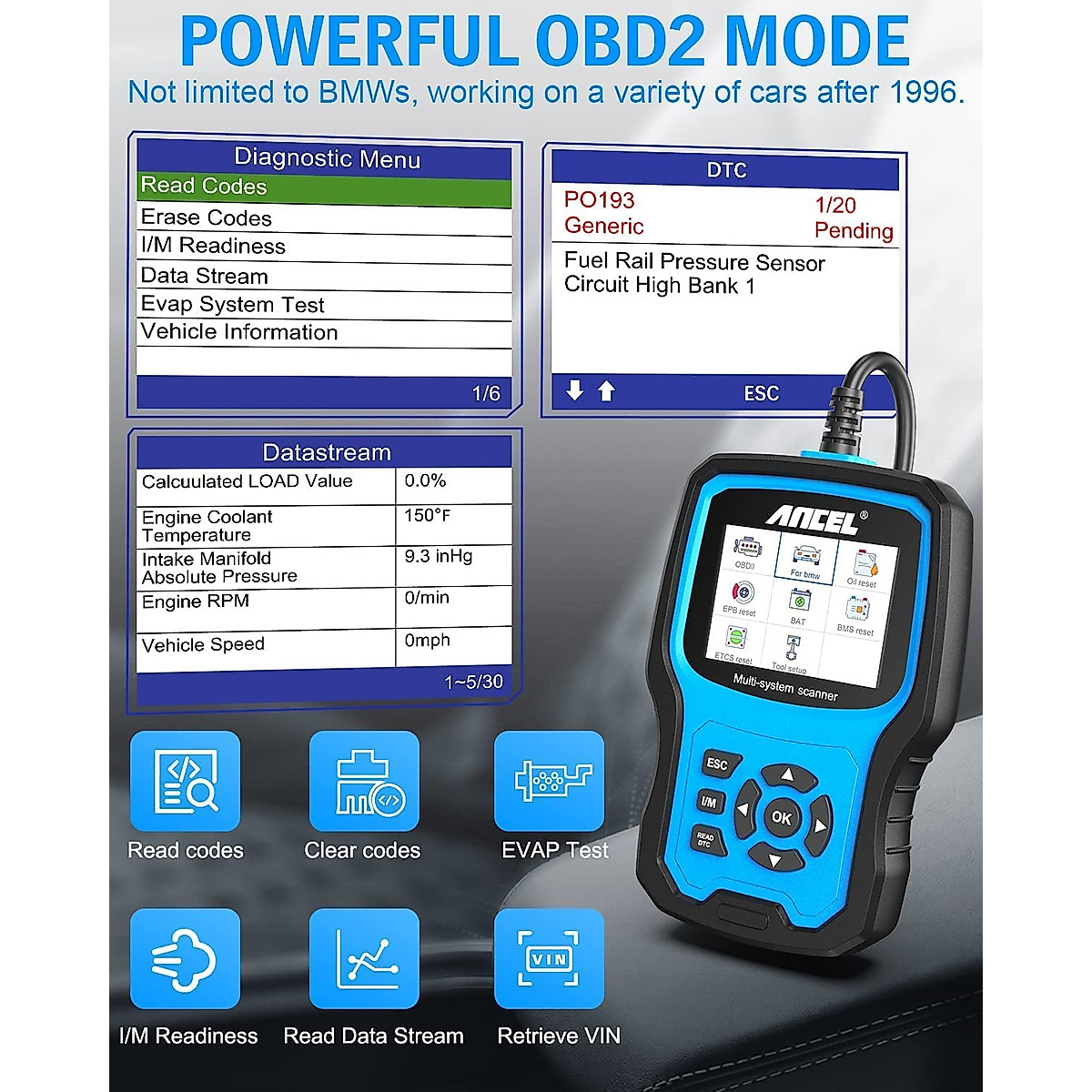 ANCEL BM700 Full Diagnostic Scan Tool Fit for BMW with Case, All Systems OBD2 Scanner Car Battery Registration Code Reader with ABS CBS Oil EPB SAS Fuel Pump Reset