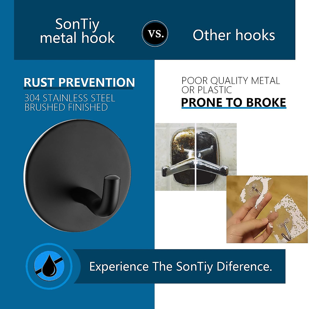 Metal Adhesive Hook Heavy Duty, Black Self Adheasive Towel Hook Strong Adhesion Hanging Hook Bathrooms Stick On Hooks, Rust-Proof Stainless Steel Adhesive Wall Hooks,6Pcs