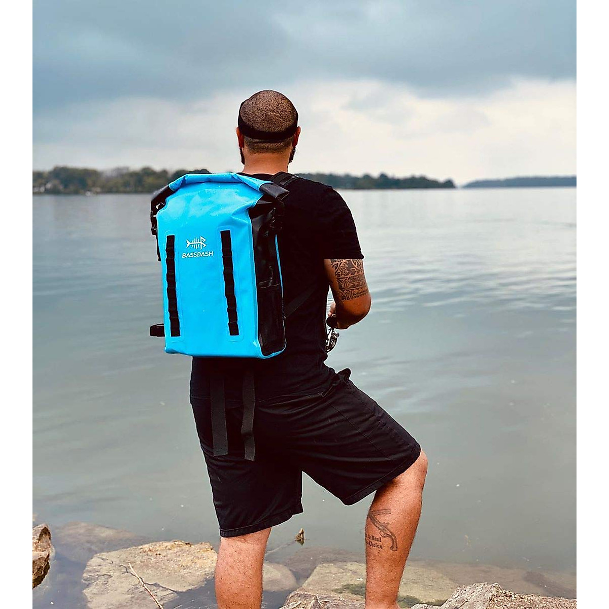 BASSDASH Waterproof TPU Backpack 24L Roll-Top Dry Bag with Rod Holder for Fishing, Hiking, Camping, Kayaking, Rafting