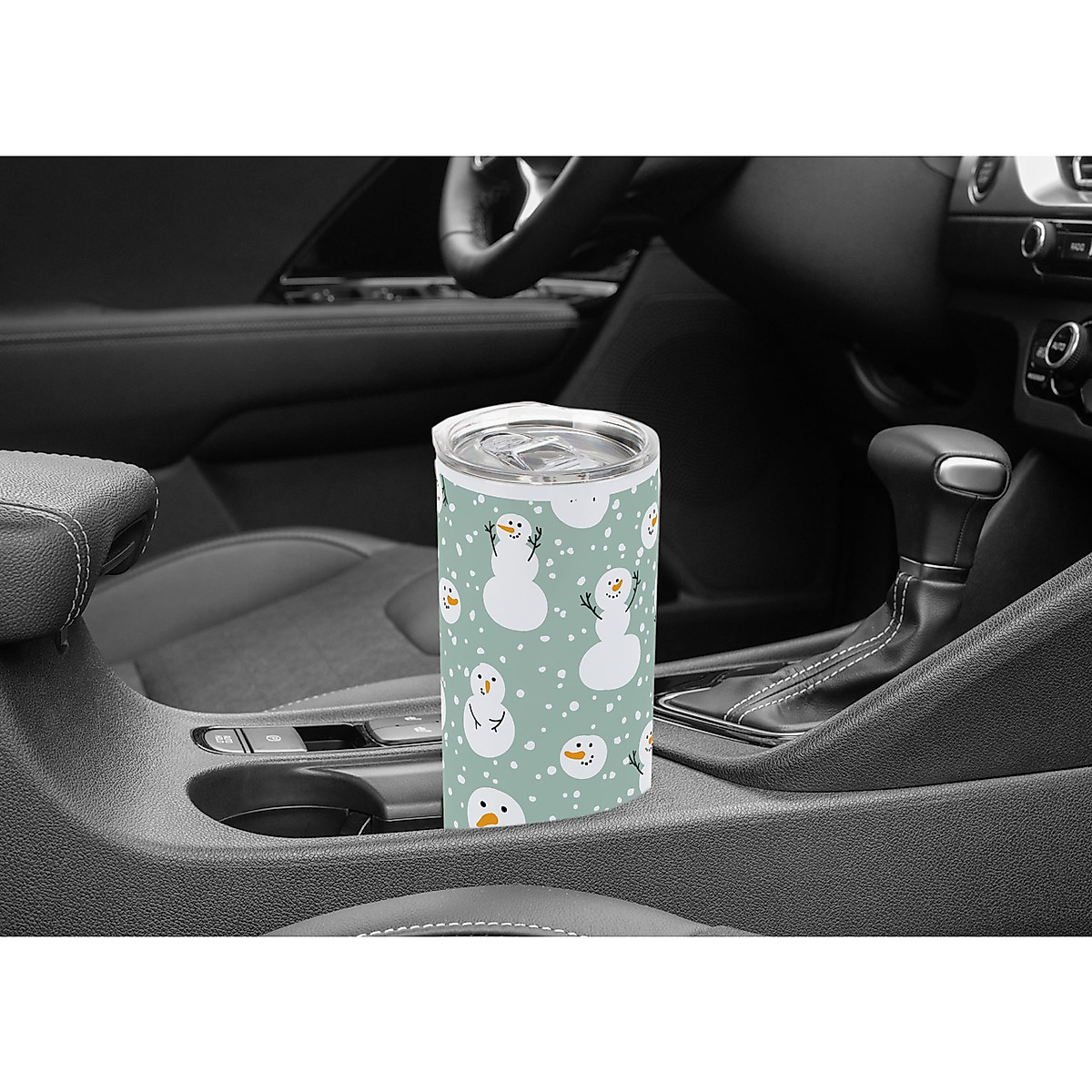 Elanze Designs Happy Snowman Pattern Mint Green Winter Wonderland Wrap-Around Design 20 Ounce Stainless Steel On-The-Go Coffee Travel Insulated Skinny Tumbler Mug Cup with Slide Top Lid