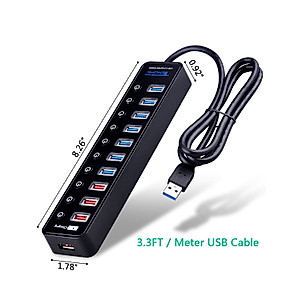 USB 3.0 Hub - Tendak 7 USB 3.0 Data Ports + 3 USB Smart Charging Ports with Individual On/Off Port Powered 10 Port USB Hub for PC Mac PS4 Xbox One XPS Surface Pro